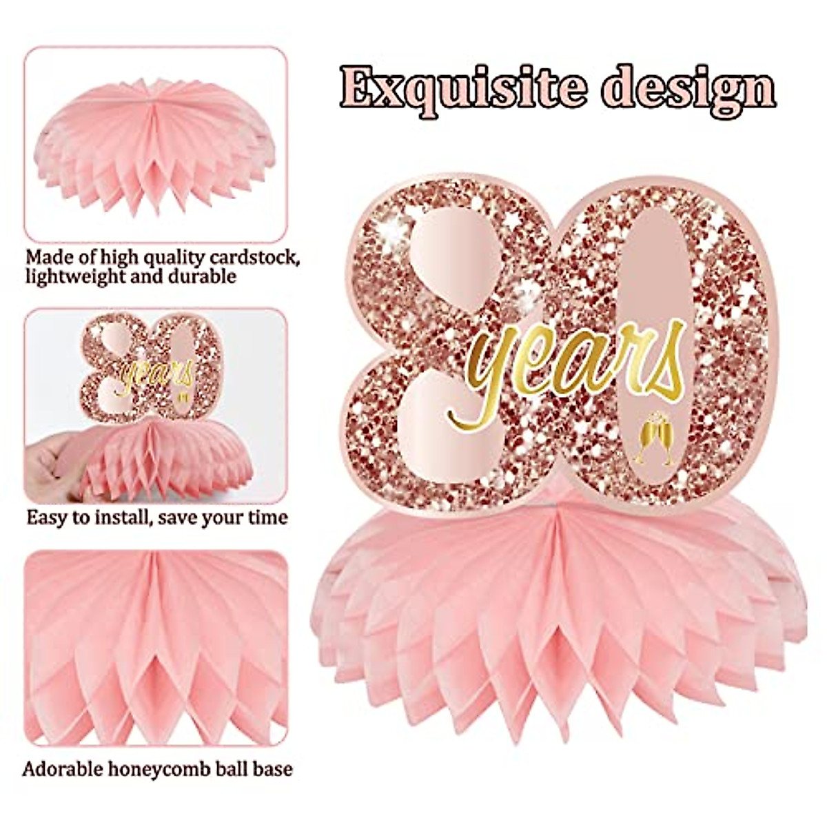 Pink Rose Gold 80th Birthday Honeycomb Centerpieces Decorations for Women, 9Pcs Rose Gold Happy 80th Birthday Table Centerpieces Party Supplies, Eightieth Year Old Birthday Table Toppers Sign Decor