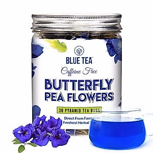 BLUE TEA - Butterfly Pea Flower - 30 Pyramid Tea Bags | For Food, Iced Tea, Cooler, Cocktails, Mocktails | Caffeine Free Herbal Tea l Gluten Free, NON-GMO