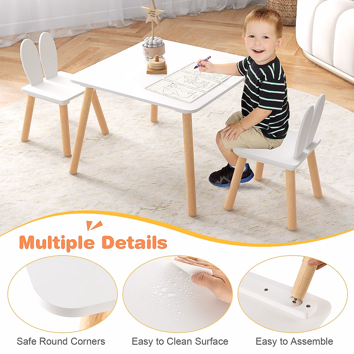 HONEY JOY Kids Table and Chair Set, Children Wooden Activity Table & 2 Chairs Set, Solid Wood Legs, Easy Assembly, 3 Piece Rabbit Themed Toddler Furniture Set for Art Craft (White)