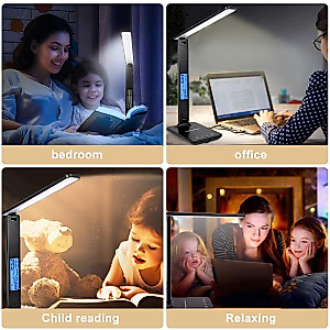 LED Desk Lamp, Desk Lamp with Wireless Charger, Suitable for Home, Office Dimmable Desk Lamp, with USB Charging Port, Built-in Clock, Calendar, Thermometer and Automatic Timing Reading Desk Lamp.
