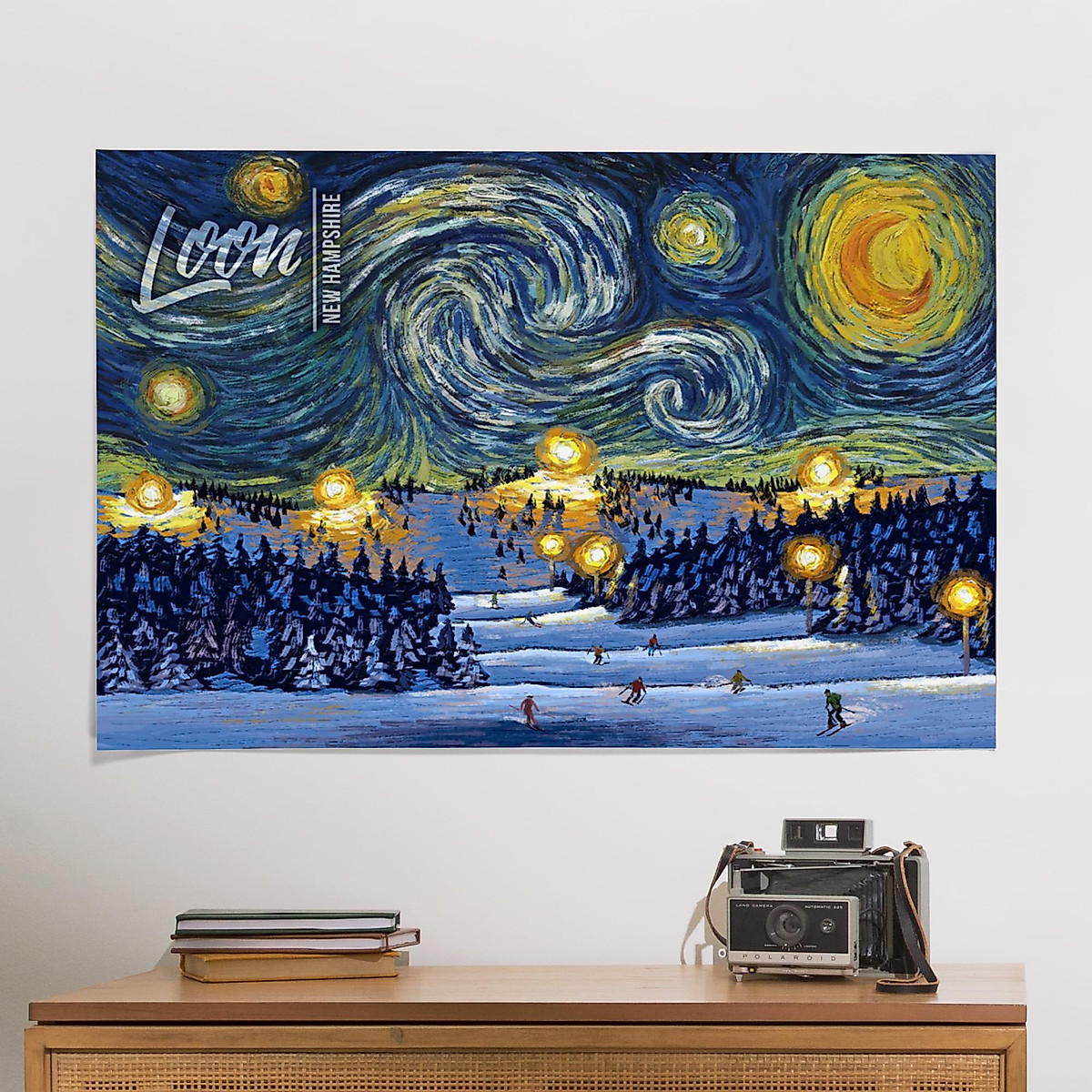 Lantern Press 24x36 Inch Giclee Art Print Wall Decor, Loon New Hampshire Ski Starry Night