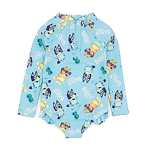 Bluey Girls Swimsuit | Baby Toddlers Blue Bingo Swimming Costume Long Sleeve with Frill