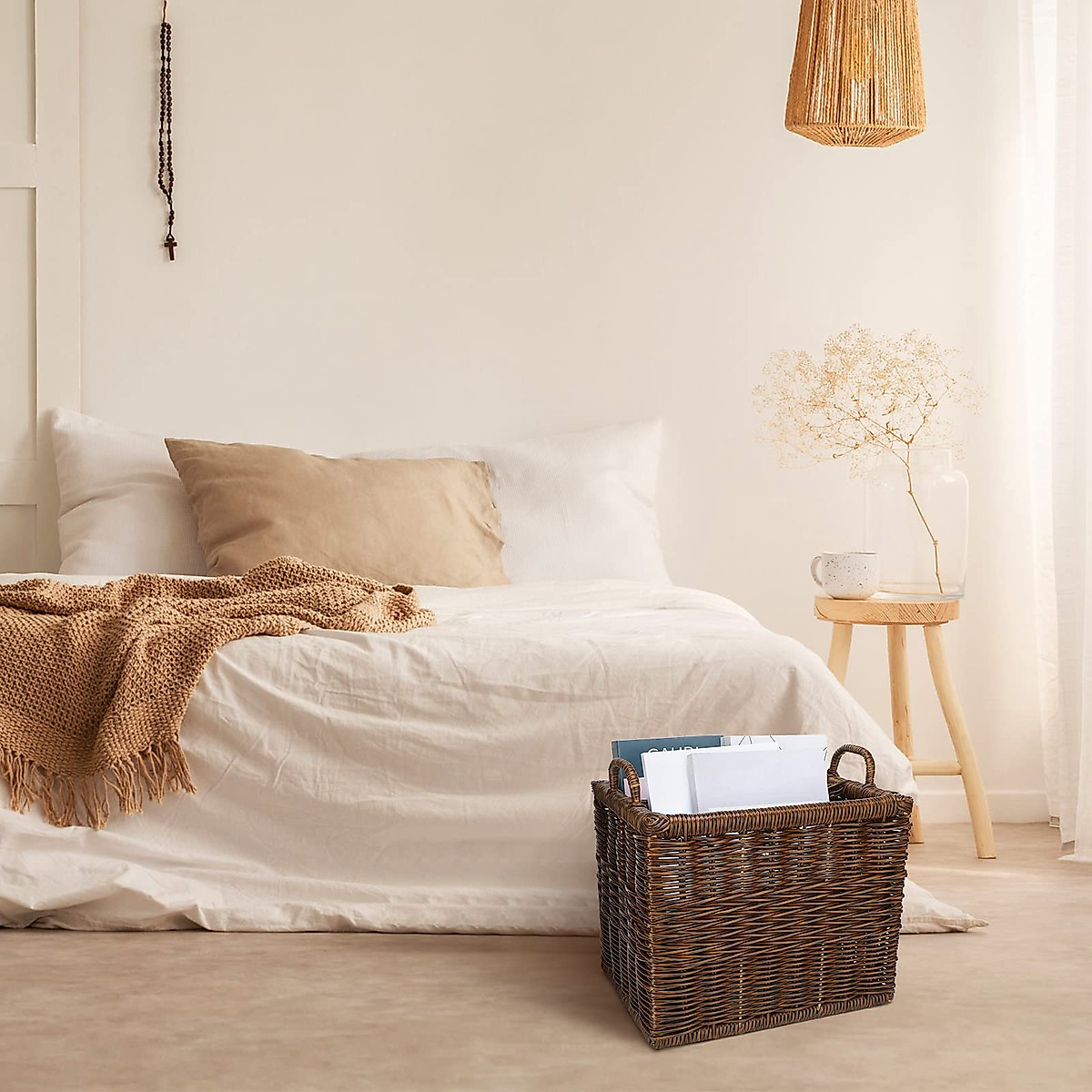 Qunclay Magazine Basket Wicker Divided Magazine Basket Rectangular Wicker Newspaper Holder, 15.4 x 12 x 12.6 Inch (L x W x H), Antique Walnut Brown