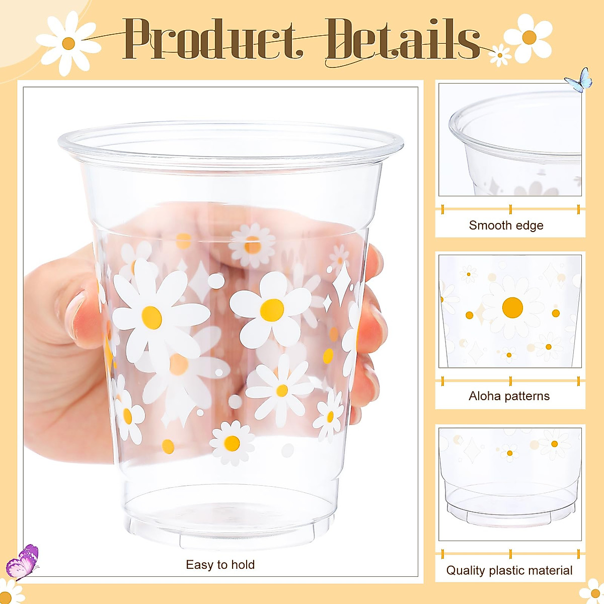 Yaomiao 50 Pieces Daisy Plastic Cups 12 Oz Bulk Retro Hippie Clear Disposable Cups Daisy Flower Drinking Beverage Cups for Birthday Baby Shower Bridal Shower Bachelorette Party Decoration Supplies