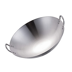 STOBOK Pots Wok Pan 28cm Double Handle Wok Stainless Steel Wok Fry Pan Large Capacity Saute Pan Round Bottom Wok Multipurpose Stewpot Skillet Works for Gas Cooktops Electric Frying Pan