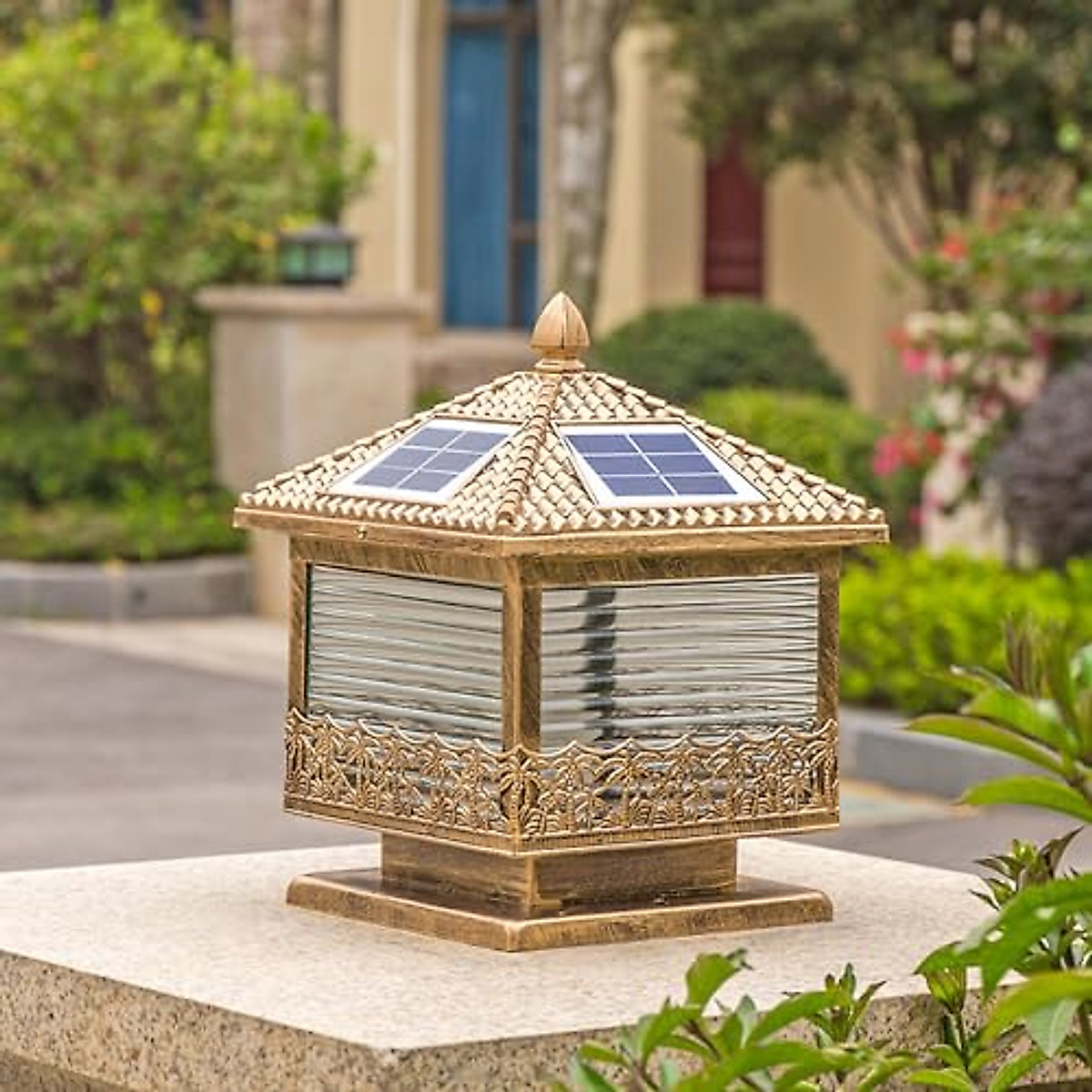 LED Outdoor Solar Post Light Square European Retro Waterproof Column Lights Square Remote Control 3-Color Dimming Pillar Lantern Acrylic Striped Lamp Shade Bronze Doorway Pole Light
