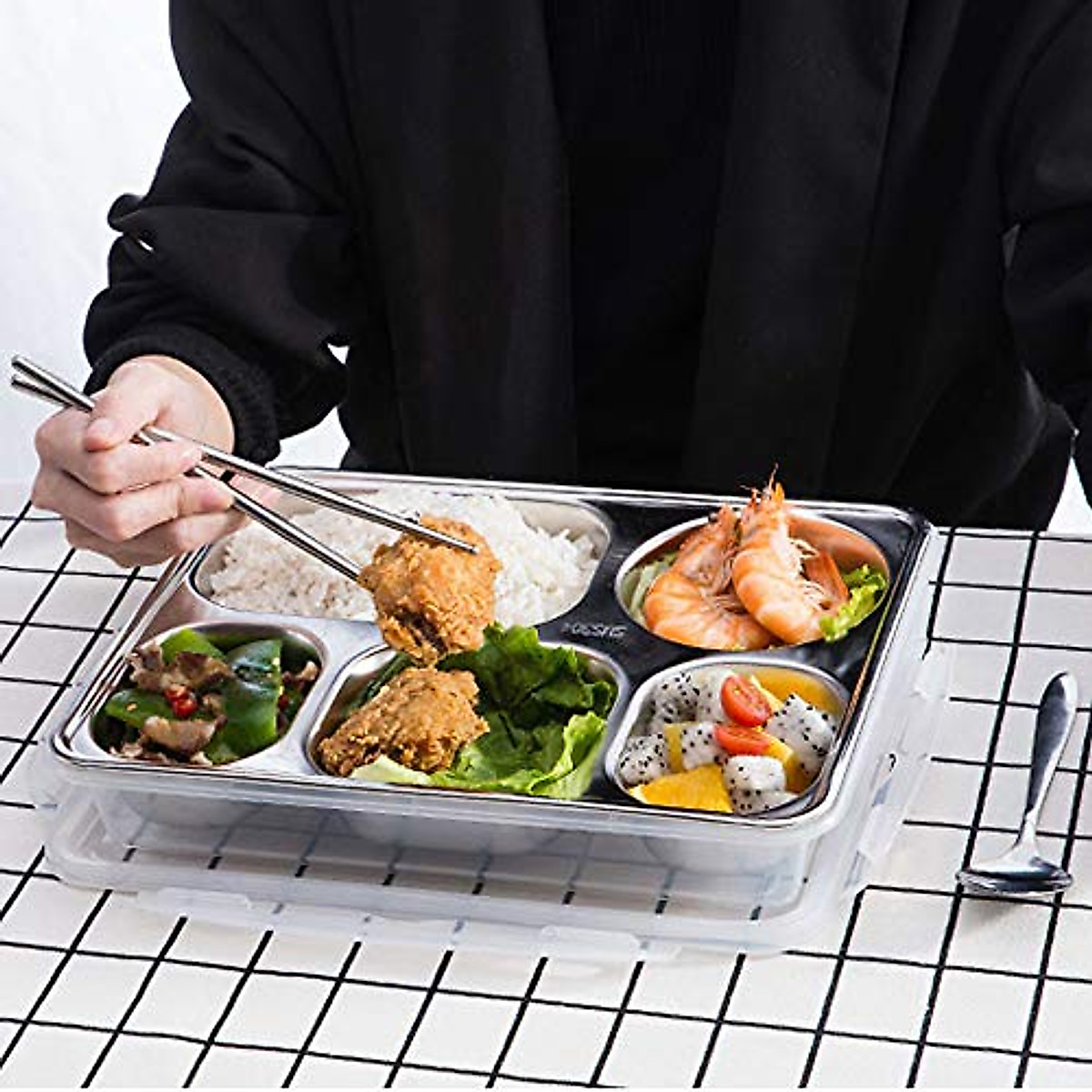 AIYoo 304 Stainless Steel Divided Plates with Lid for Adults Divided Dinner Tray 5 sections Bento Lunch Box Divided Food Containers