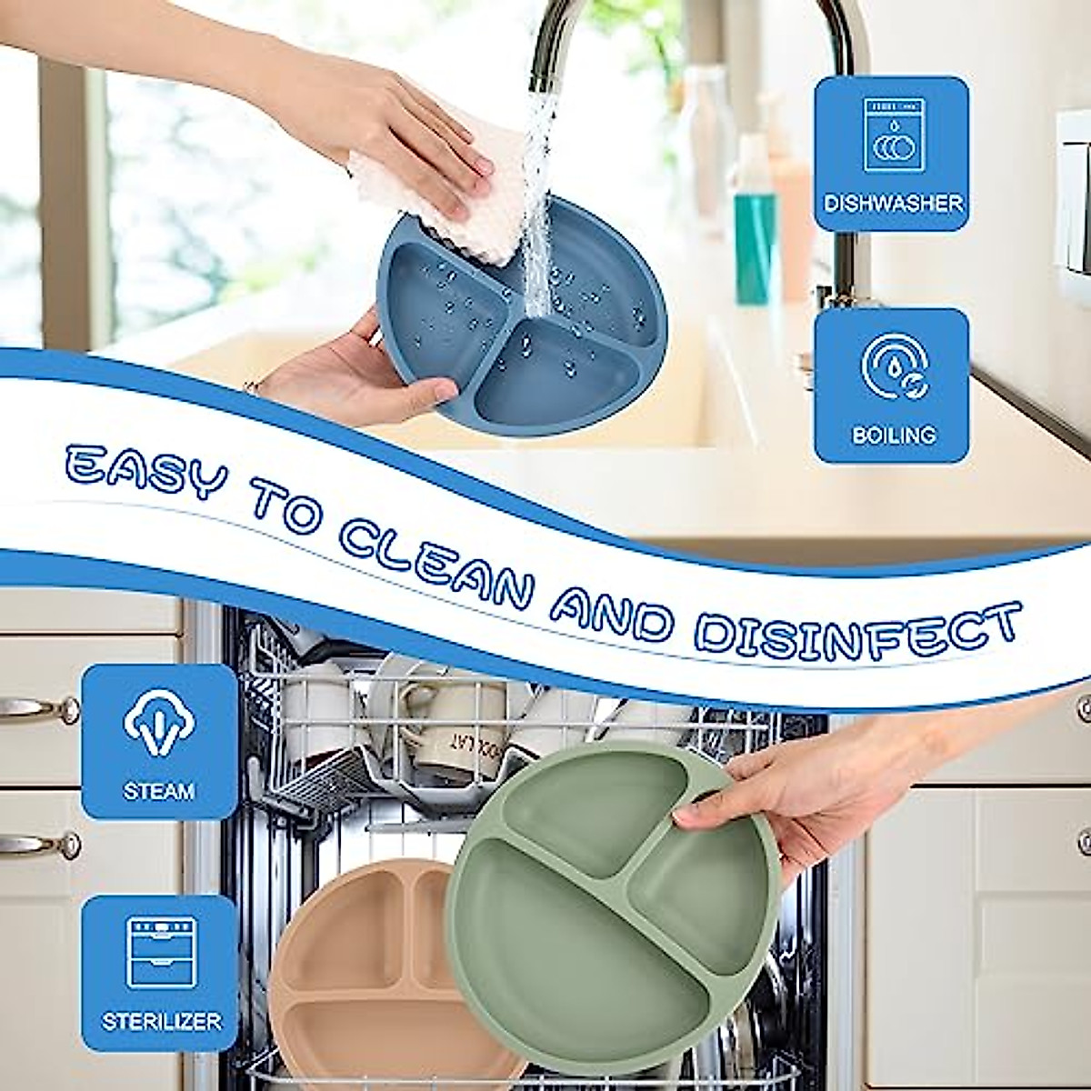 E-PRONSE Suction Plates for Baby Toddler Plates, 100% Food-Grade Silicone Divided Baby Plates, Baby Sunction Plate with Lid BPA Free,Microwave & Dishwasher Safe Blue +Tan