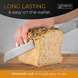 Orblue Serrated Bread Knife with 10-inch Upgraded Stainless Steel Razor Sharp Wavy Edge Width - Bread Cutter Ideal for Slicing Homemade Bagels and Cake, Black