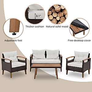 4-Piece Outdoor Patio Furniture Set, Sofa Garden Conversation Bistro Sets PE Rattan Wicker Sofa Set with Cushion, Wood Table and Legs, for Lawn, Porch, Poolside, Backyard, Brown and Beige
