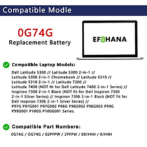 EFOHANA 0G74G Laptop Battery Replacement for Dell Latitude 7000 E7290 E7280 E7390 E7380 E7490 E7480 Series Notebook OG74G MXV9V 2PFPW 02PFPW 11.4V 42Wh 3500mAh 3-Cells