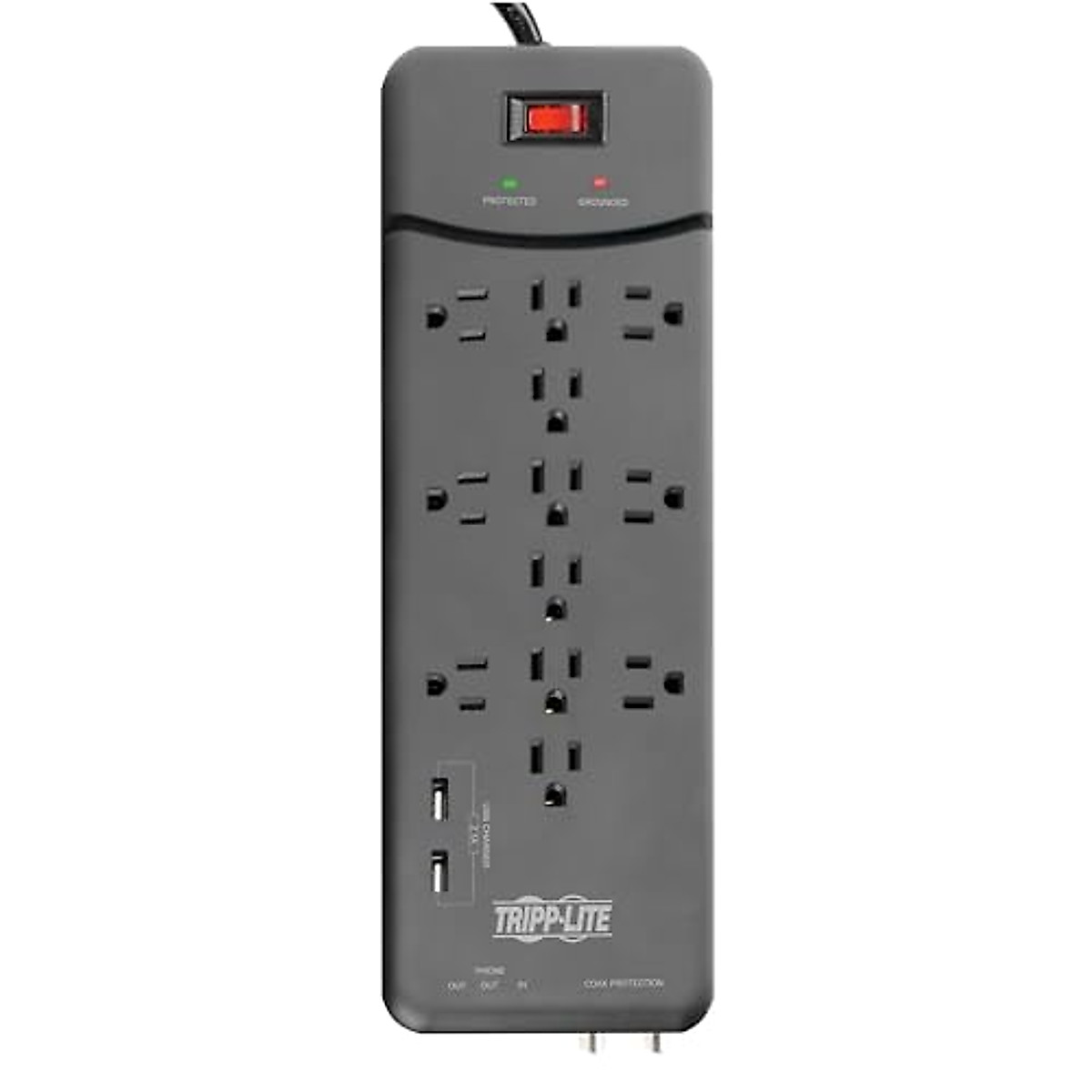 Tripp Lite TLP128TTUSBB 12 Outlet Surge Protector Power Strip, 2 USB Charging Ports, Tel/Modem/Coax Protection, 8ft Cord Right Angle Plug, Black, Lifetime Insurance & $150K Insurance