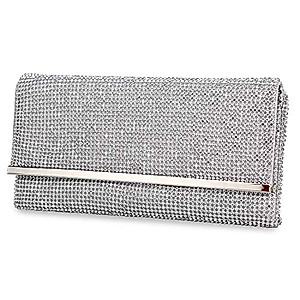 Tanpell Women's Soft Rhinestone Crystal Evening Clutch Bags Bling Purse with Detachable Chain for Prom Party Silver