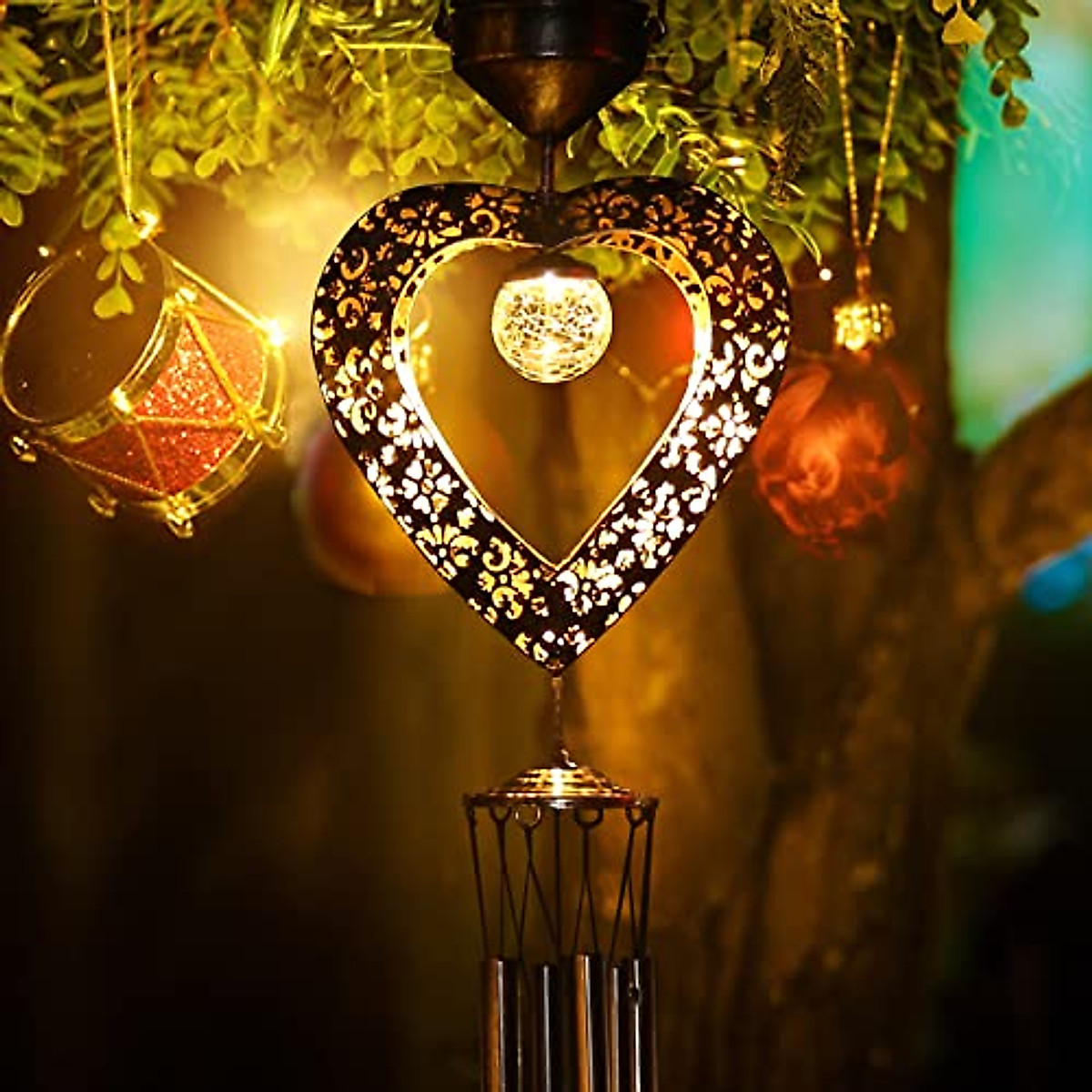 newvivid Solar Powered Wind Chimes Solar Heart-Shaped LED Wind Chimes Crackle Glass Ball LED Light with Metal Tubes Waterproof for Home Garden Patio Party Festival Decor…