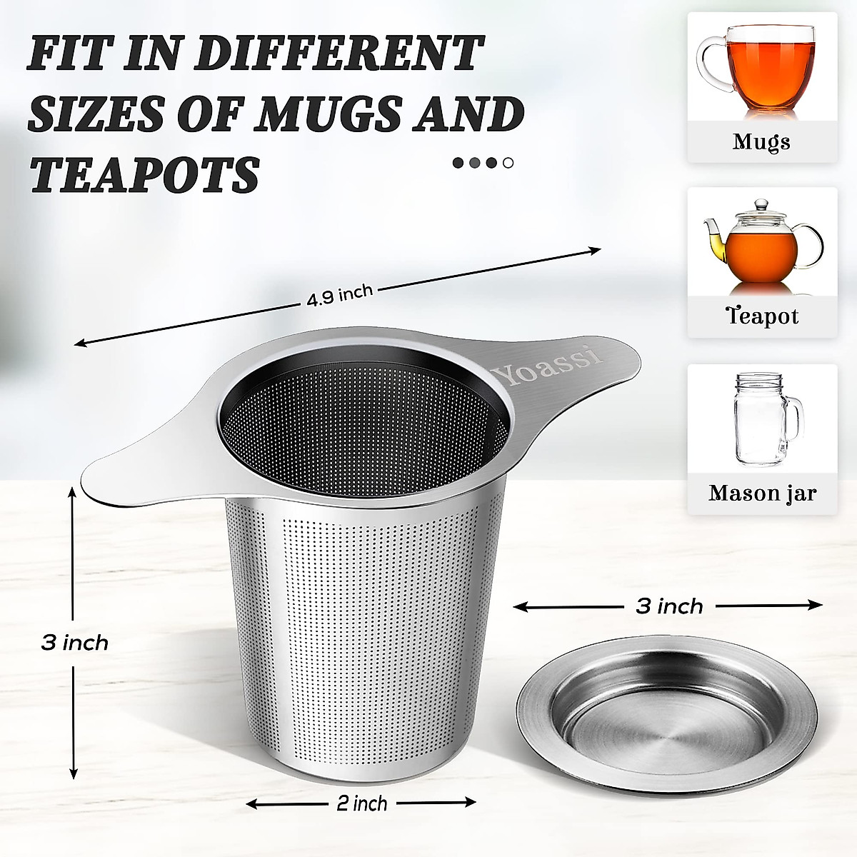 Yoassi Extra Fine 18/8 Stainless Steel Tea Infuser Mesh Strainer with Large Capacity & Perfect Size Double Handles for Hanging on Teapots, Mugs, Cups to Steep Loose Leaf Tea and Coffee