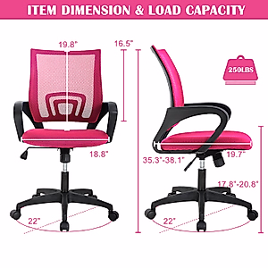 Pink Office Chair Ergonomic Desk Chair Mesh Computer Chair with Lumbar Support& Armrest, Adjustable Mid Back Executive Task Chairs, Rolling Swivel Chair Kids Desk Chair for Women