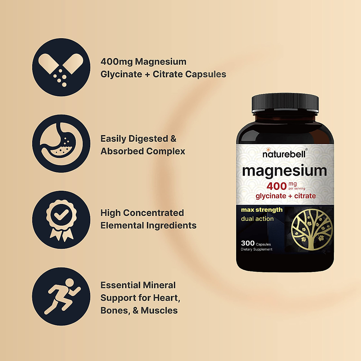 Magnesium Complex 400mg Supplement, 300 Capsules | Magnesium Glycinate + Citrate Elemental Forms – Essential Minerals for Heart, Muscle, & Digestion Support – Non-GMO & No Gluten
