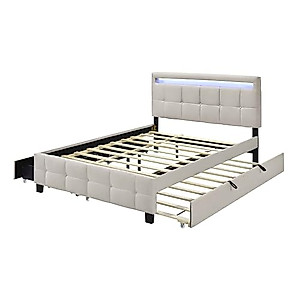 ATY Upholstered Queen Size Bed with Twin-XL Trundle and Two Drawers, Linen Fabric Platform Bedframe w/Lighting& Button Tufted Headboard, Save Space, 86.6" L X 64.6" W X 43.7" H, Beige