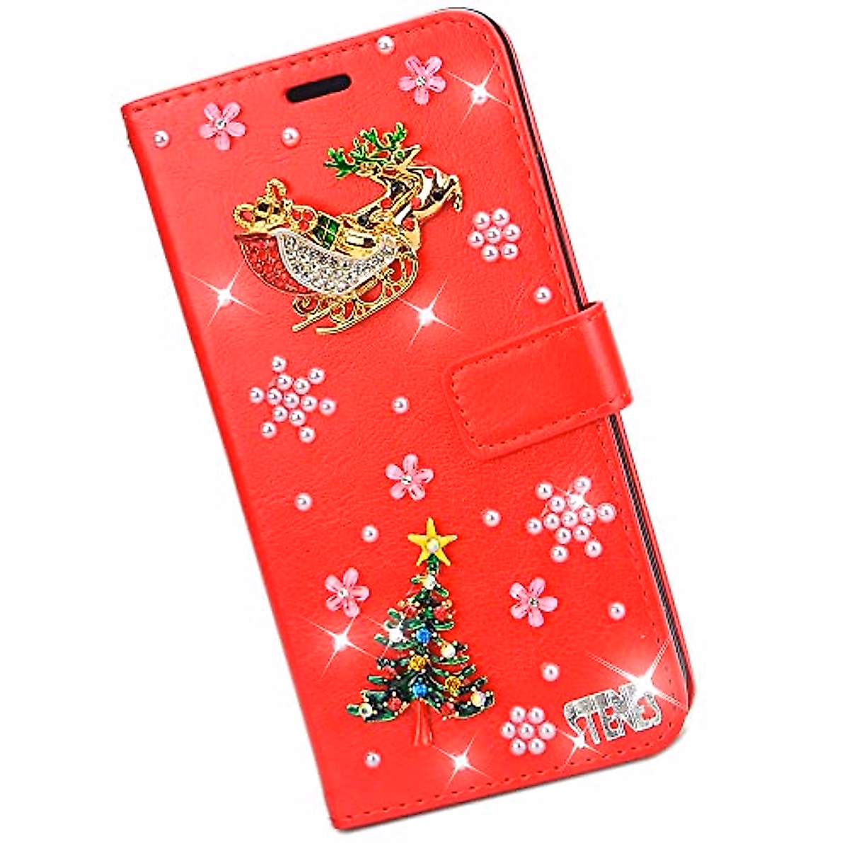 Fairy Art Crystal Wallet Case Compatible with Samsung Galaxy Z Fold 5 - Sled Christmas Tree - Red - 3D Handmade Sparkly Glitter Bling Leather Cover with Screen Protector & Neck Strip Lanyard