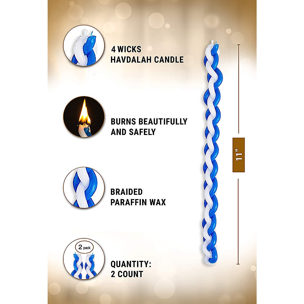 Ner Mitzvah Braided Havdalah Candle - 2-Pack - Blue and White Paraffin Wax - Handcrafted Havdallah Candle - Shabbat Judaica Gift