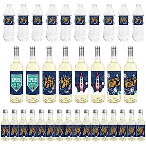 Big Dot of Happiness Blast Off to Outer Space - Mini Wine Bottle Labels, Wine Bottle Labels and Water Bottle Labels - Rocket Ship Baby Shower or Birthday Party Decor - Beverage Bar Kit - 34 Pieces