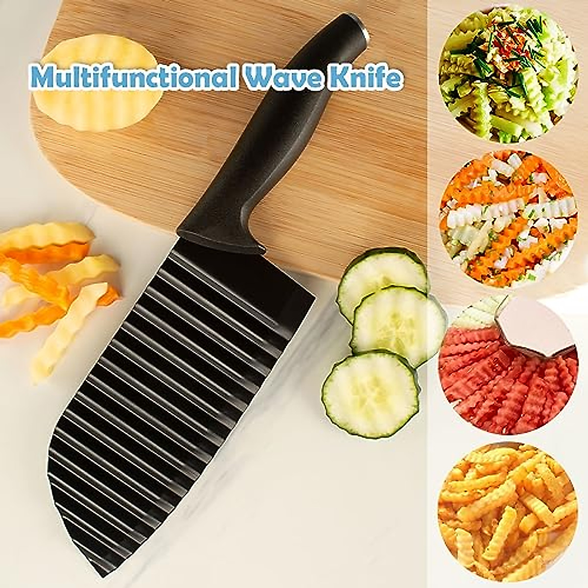 HAWOWZ Crinkle Cutter for Veggies Potatoes, Crinkle Knife for Salad Chopping Cucumber Carrot Fruit, Wave Knife Stainless Steel French Fry Slicer