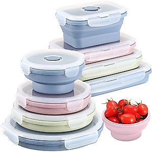 Nuanchu 8 Pcs Collapsible Food Storage Containers Silicone Airtight Collapsible Bowls with Lids Rectangular and Round Stackable Microwave Lunch Containers, Freezer, Dishwasher Safe (Blue, Pink, Green)