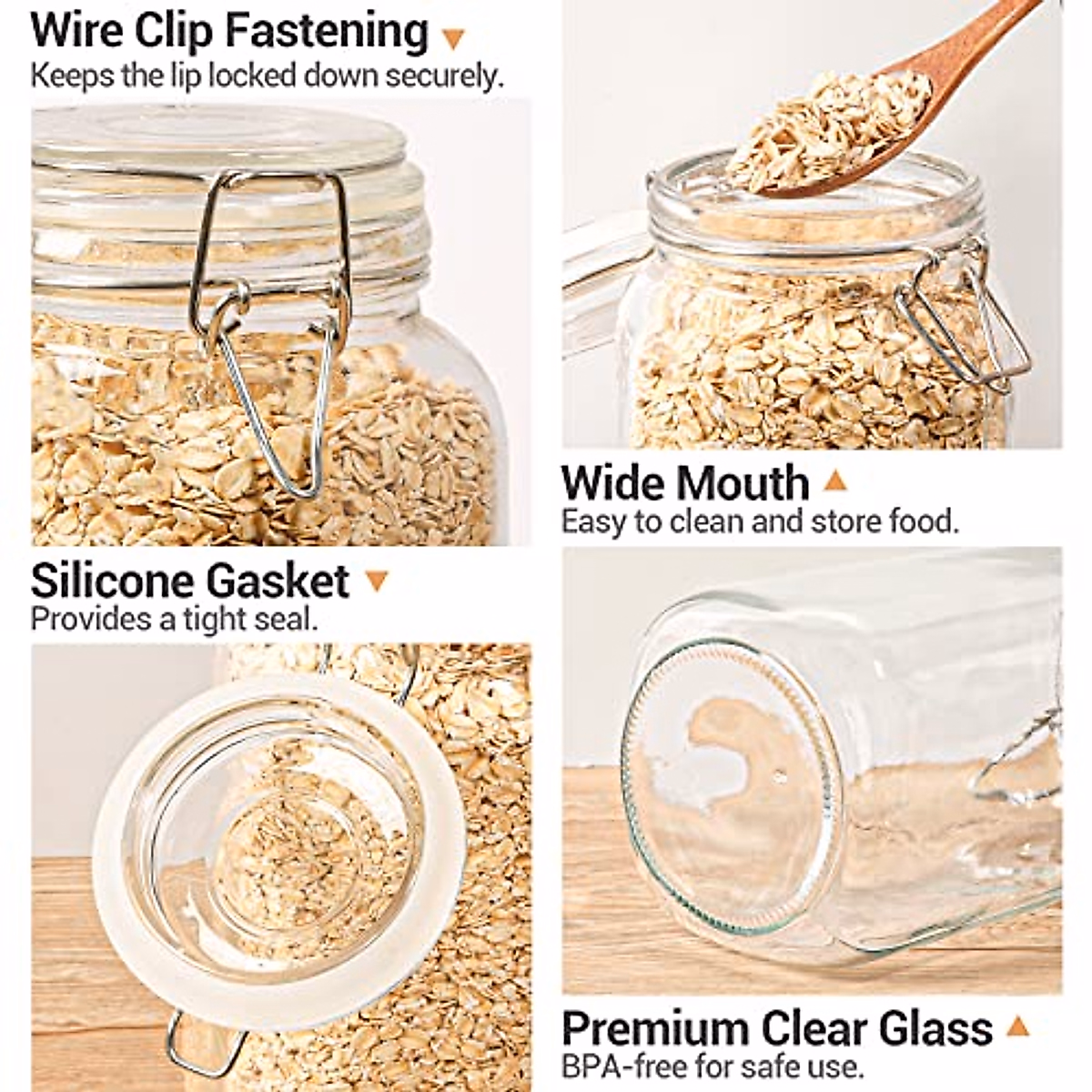 ComSaf Airtight Glass Canister Set of 3 with Lids 50oz Clear Food Storage Jars Square, Kitchen & Pantry Organization Food Storage Container for Canning, Sugar, Flour, Pasta, Candy, Cereal, Coffee