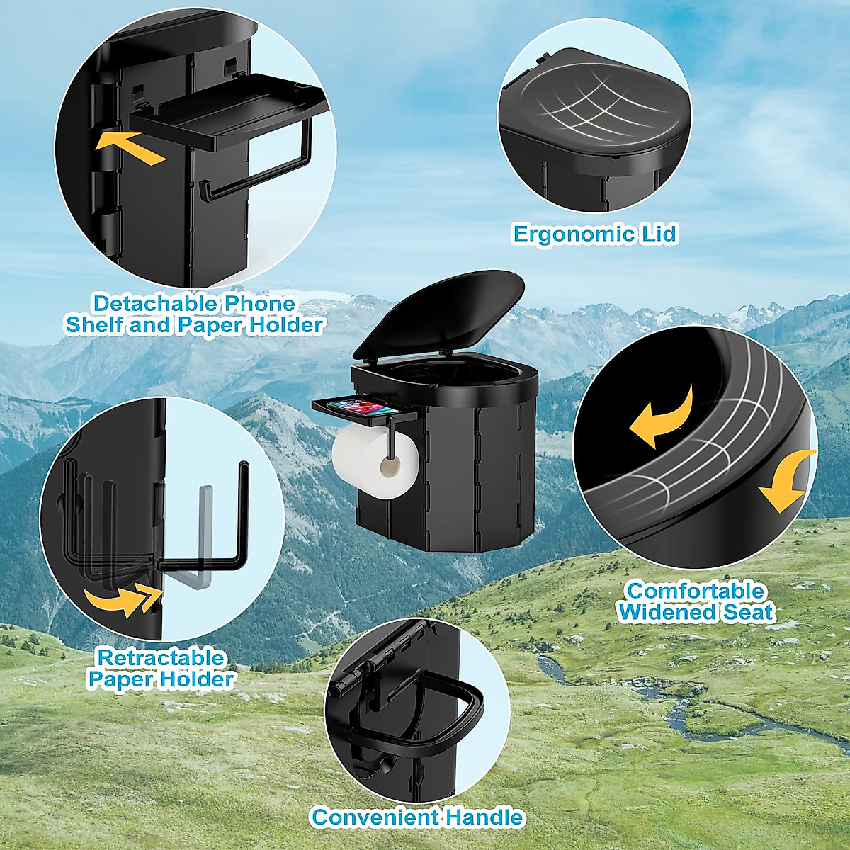 PAHTTO Portable Camping Toilet, Foldable Toilet for Adults with Detachable Phone Shelf and Toilet Paper Holder, Waterproof Porta Potty with Lid for Camping, Hiking, RV Travel, Road Trips, Car