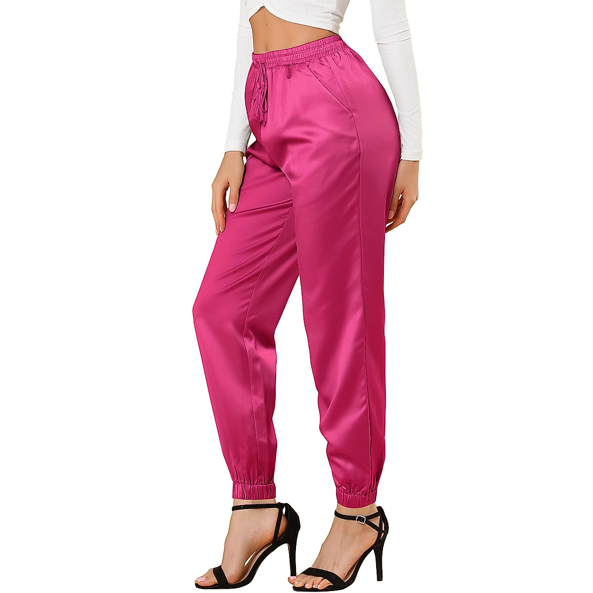 Allegra K Women's Drawstring Elastic Waist Athleisure Pants Ankle Length Satin Joggers with Pocket Large Hot Pink