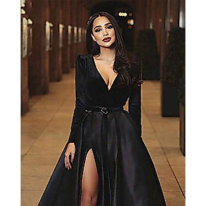 LL Bridal Long Satin Velvet Prom Dresses V Neck Long Sleeve High Slit Formal Evening Party Gowns Red-12