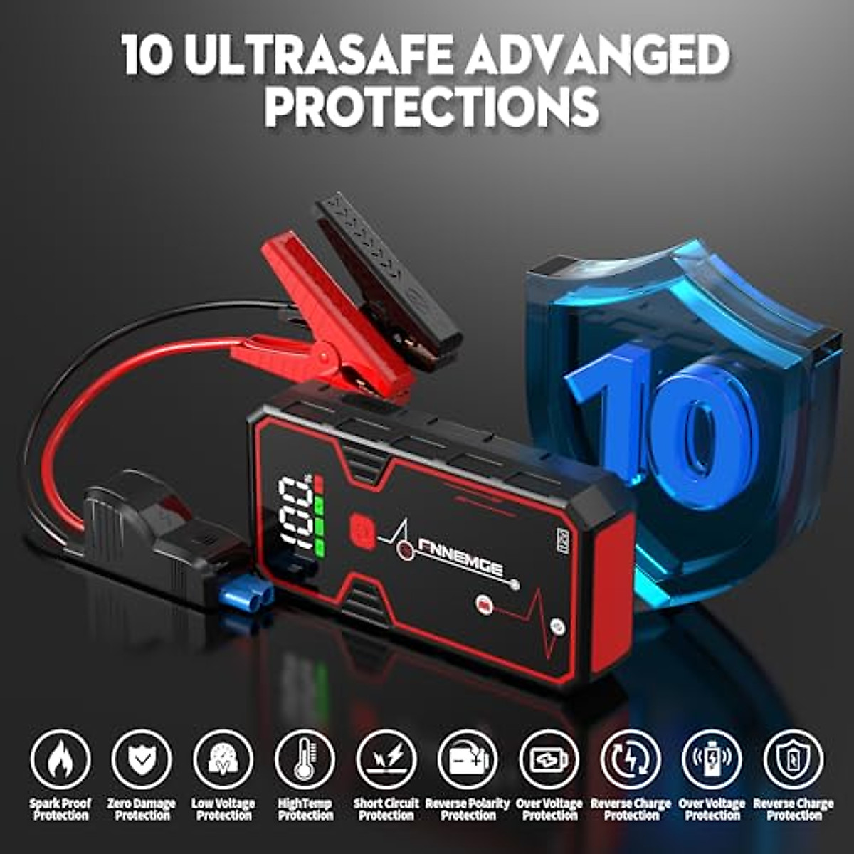 FNNEMGE Car Jump Starter, 5000A Peak 23800mAh 12V Jump Starter Battery Pack(Up to All Gas, 8.0L Diesel Engine),with USB Charge Output Port,LED Light,HD Large Screen.