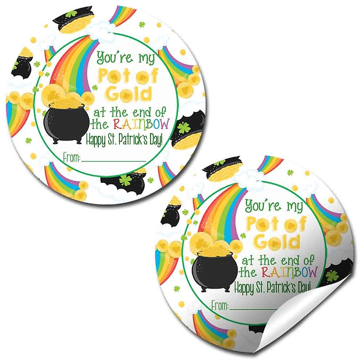 Pot of Gold Rainbow St. Patrick’s Day Gift Tag Sticker Labels, 40 2" Party Circle Stickers by AmandaCreation, Great for Party Favors, Envelope Seals & Goodie Bags