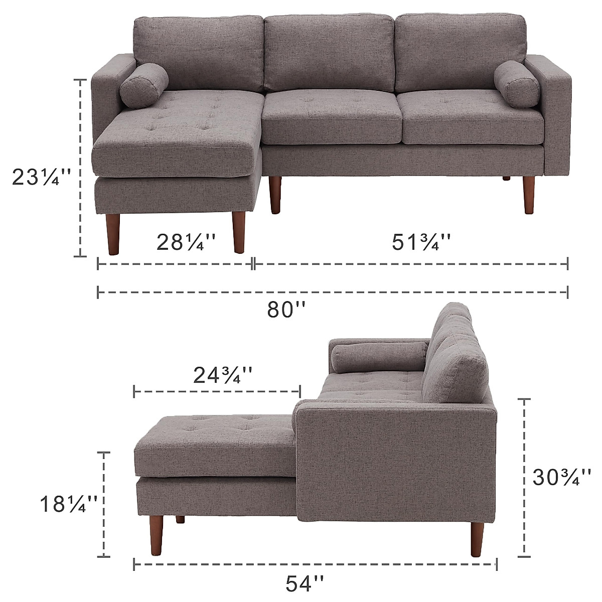 Kingfun 80" W Sectional Sofa Couch, L Shaped Couch with Reversible Chaise, Convertible Sofa Couches for Living Room, Mid Century Modern Linen with Tufted Seat Cushion for Small Space, Grey