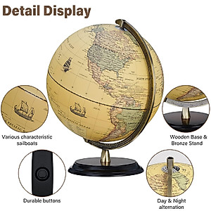 12'' Retro Illuminated World Globe with Wooden Stand, 2-1 Educ & Décor Antique Night Light up Globe Built in LED & HD Printed Map, Antique Illuminated Globe for Adults & Kids, Home Décor, Office
