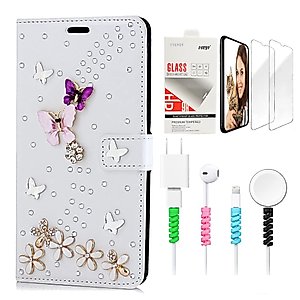 STENES Bling Wallet Luxury Phone Case Compatible with Samsung Galaxy S23 Plus - Stylish - 3D Handmade S-Link Butterfly Floral Design Leather Cover with Screen Protector & Cable Protector - White