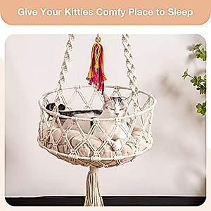 MEWOOFUN Hanging Macrame Cat Hammock Bed, Cat Swing Bed Space Saving Window Perch with Washed Cotton Mat & Funny Cat Toy for Indoor Cats