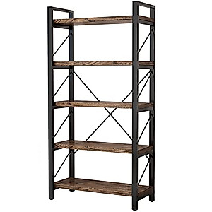 LZ-DONGMAN 5 Tier Bookshelf Rustic Solid Wood Industrial Style Bookcase,Metal and Real Wood Vintage Bookshelf,Book Shelves Home Office, Retro Brown,Dark Matching credenza(LZ01-05tier)