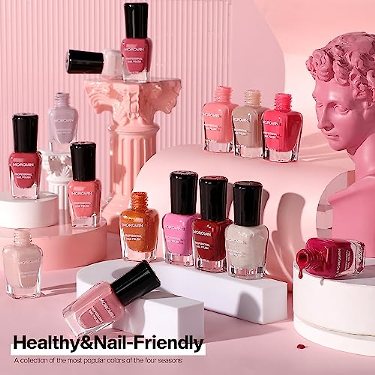 Morovan 15-Color Pink Air Dry Nude Nail Set - 0.25oz Non Gel Fingernail Polish Kit Gift Set for Women