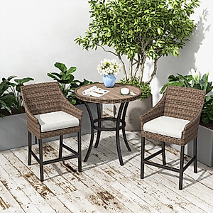 Grand patio 3-Piece Patio Bar Set, Outdoor Wicker Bar Stools Set with Olefin Cushions and Faux-Wood Table Top,Bar Table and Chairs Set for Garden,Backyard,Traditional American Style-Brown