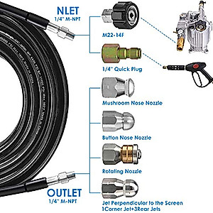 Sewer Jetter Kit for Pressure Washer 100FT, Newest 5800PSI Drain Cleaner Hose 1/4 Inch NPT Corner, Rotating and Button Hose Sewer Jetting Nozzle Pearl Corsage Pin Waterproof Tape with 2 Spanner