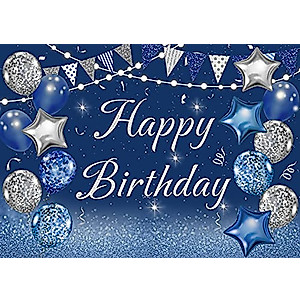 Cenven Navy Blue Happy Birthday Backdrop Silver Glitter Balloons Star Flag Sequins Background Adult Men Women Birthday Party Decoration Cake Table Photo Booth (7x5FT, Blue)