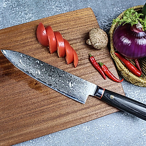 FODCOKI Damascus Kitchen Knife 8 inch- Japanese Chef Knife Damascus Steel VG10 Blade Razor Sharp Professional Meat Vegetable Cutting Knife- Wooden Handle