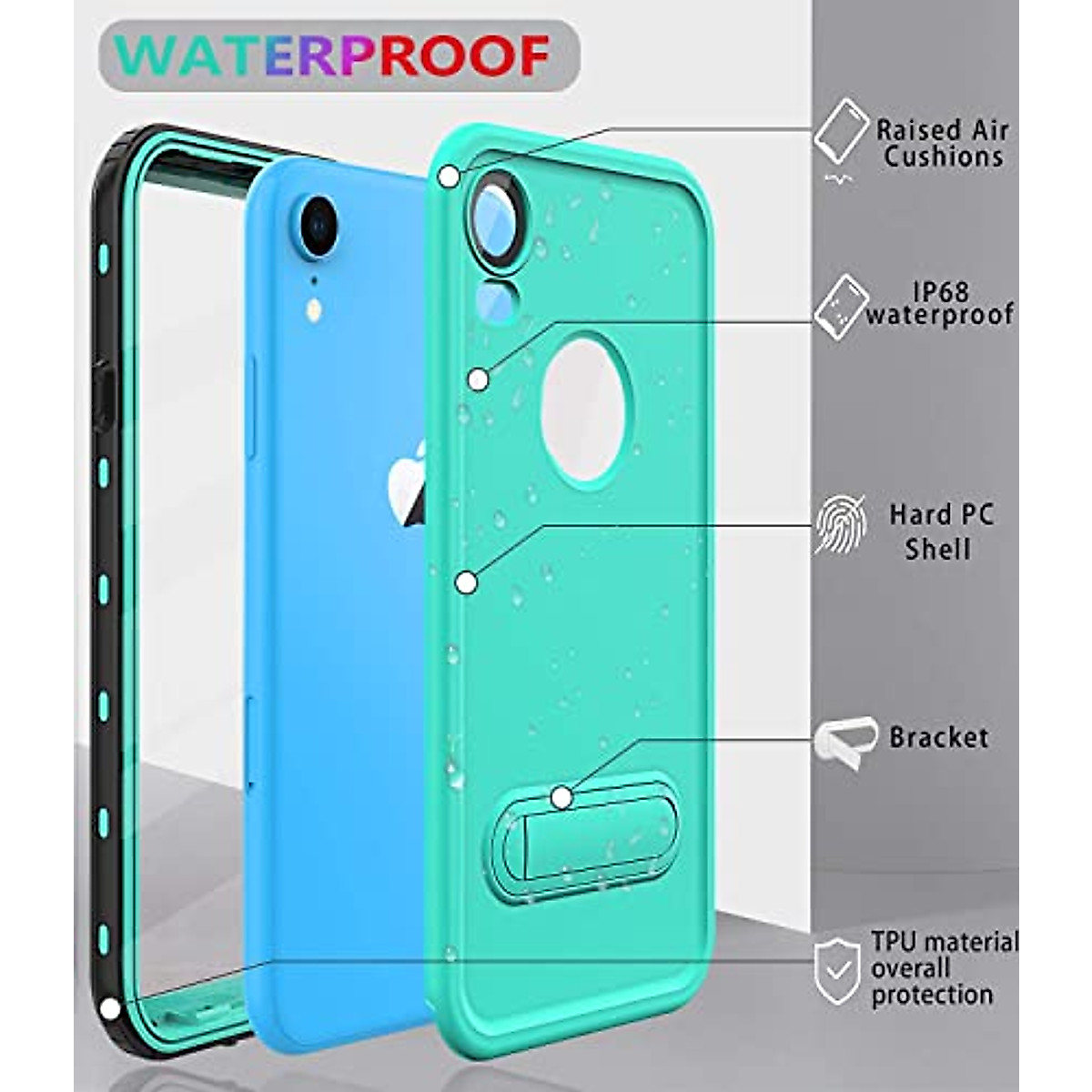 Diverbox for iPhone Xr Case Waterproof,Shockproof Dustproof IP68 Full-Body Sturdy with Kickstand Case Built-in Screen Protector,Underwater Full Sealed Cover Protective for iPhone Xr (Teal)