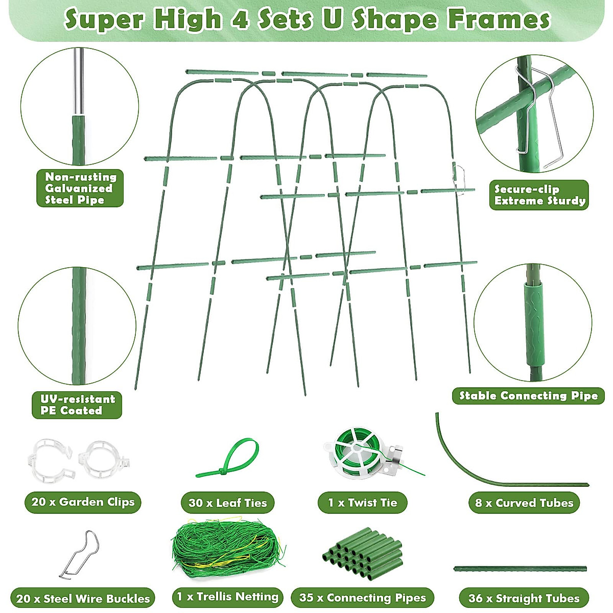 Tetutor Cucumber Trellis for Raised Beds, 63 x 45 Inch U-Shaped Garden Trellis for Climbing Plants Outdoors with Climbing Net, Metal Detachable Arch Plant Support Vegetable Trellis