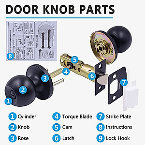 ROTESONNE 8 Pack Matte Black Privacy Door Knobs for Bedroom, Bathroom and Passage with 8 Door Stoppers, Keyless Door Handles, Interior Door Knobs (8, Black)