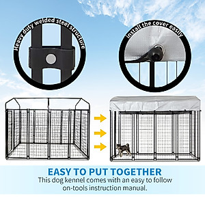 HITTITE Large Outdoor Dog Kennel, Heavy Duty Outdoor Dog Cage, Anti-Rust Dog Pens Outdoor with Waterproof UV-Resistant Cover and Secure Lock for Backyard,8'L x4' W x 6'H（with Roof）