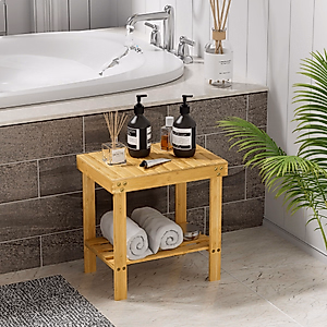 Glavbiku Bamboo Shower Bench, Shower Chair with Non-Slip Feets Storage Shelf Safe and Stable, Kids Adults Wooden Stool for Home, Bathroom, Bedside, Living Room