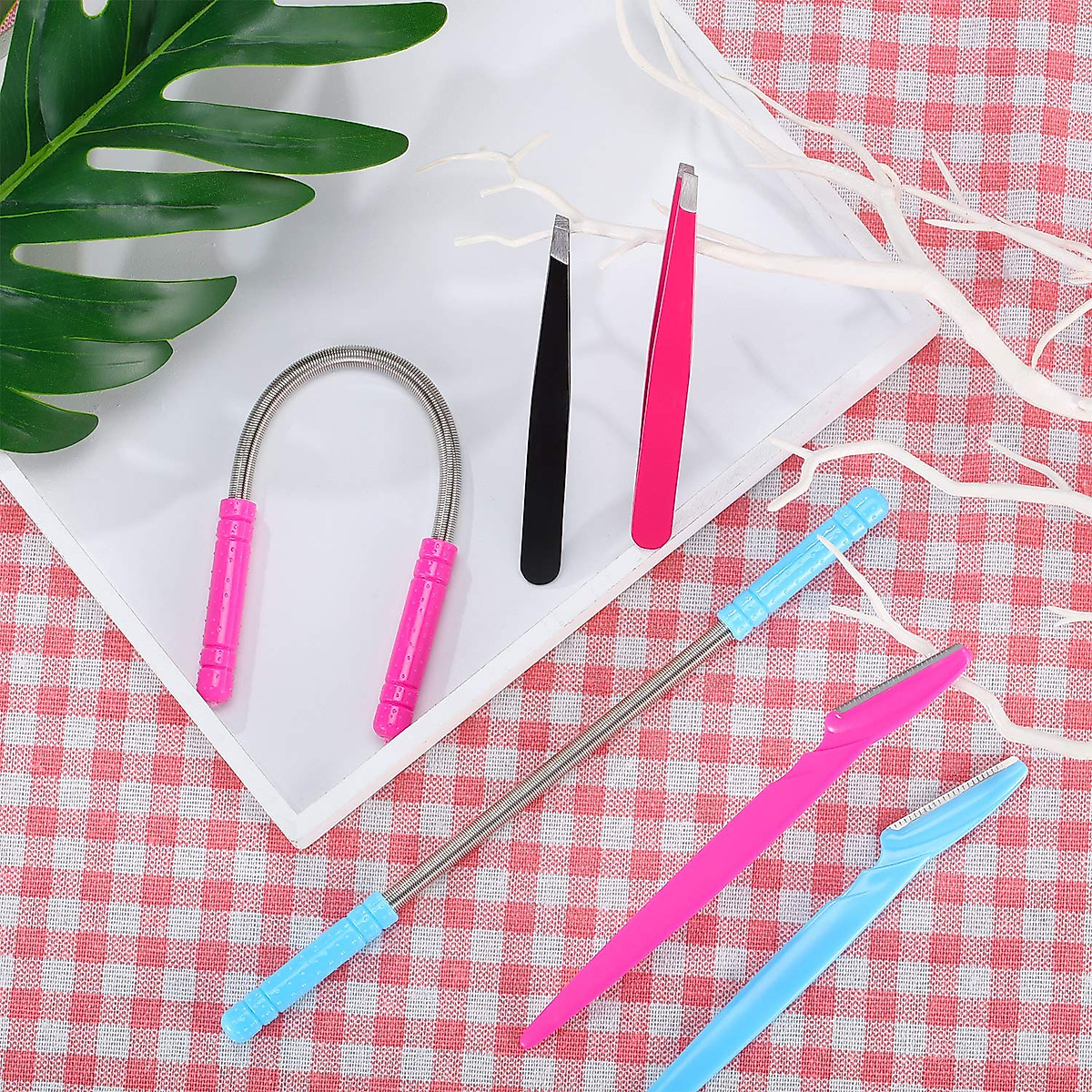 14 Pieces Facial Hair Remover Set Spring Epilator Hair Removal Springs Eyebrow Razors Beveled Tweezers Removes Hairs Women Face Threading Tool