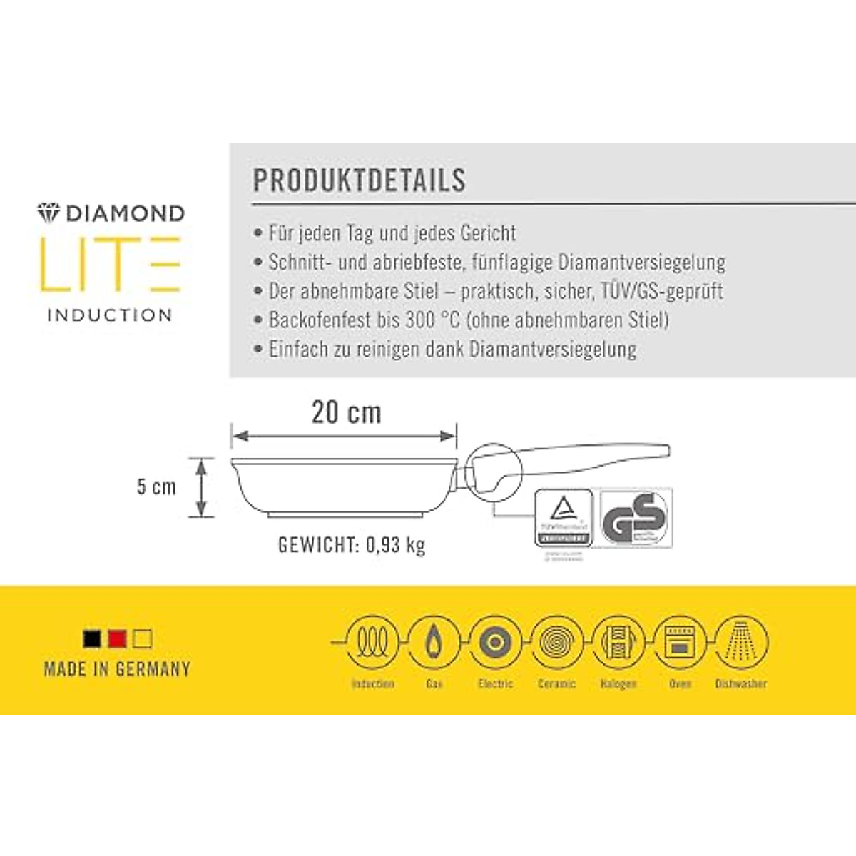 Woll 1520DPI Diamond Lite Saucepan for Induction with Removable Handle, Diameter 20 cm, Depth 5 cm
